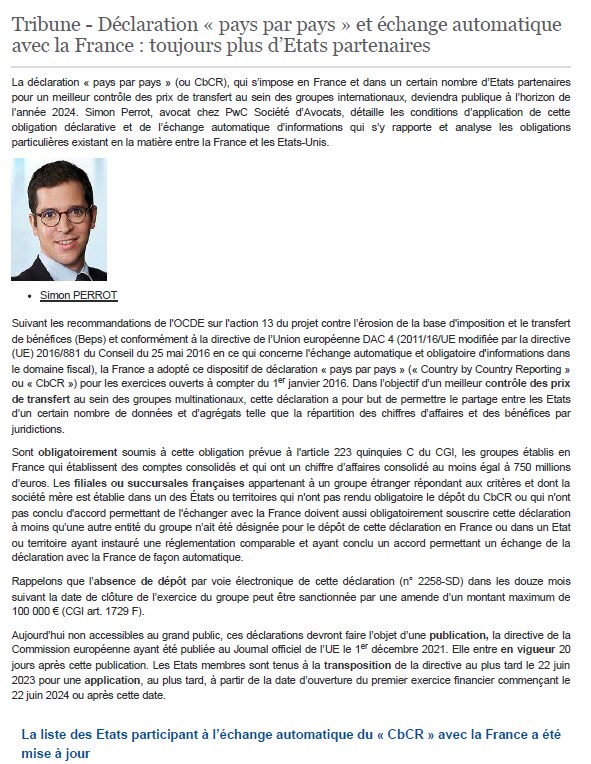 Déclaration "pays par pays" et échange automatique avec la France ...